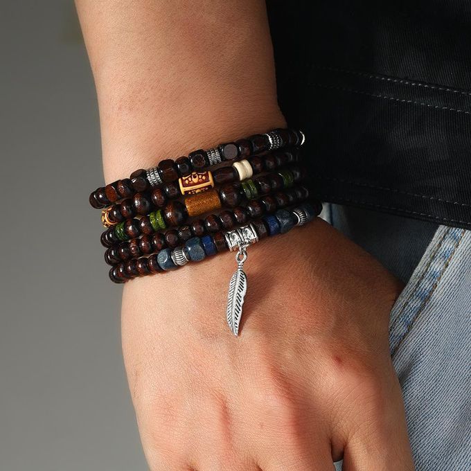 Fashion Bracelet Homme 5 en 1 Perles en Bois Style Chinois