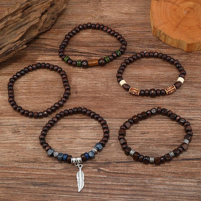 Fashion Bracelet Homme 5 en 1 Perles en Bois Style Chinois